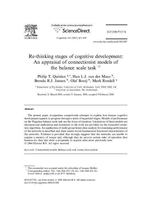 (PDF) Re-thinking stages of cognitive development: An appraisal of connectionist models of the ...