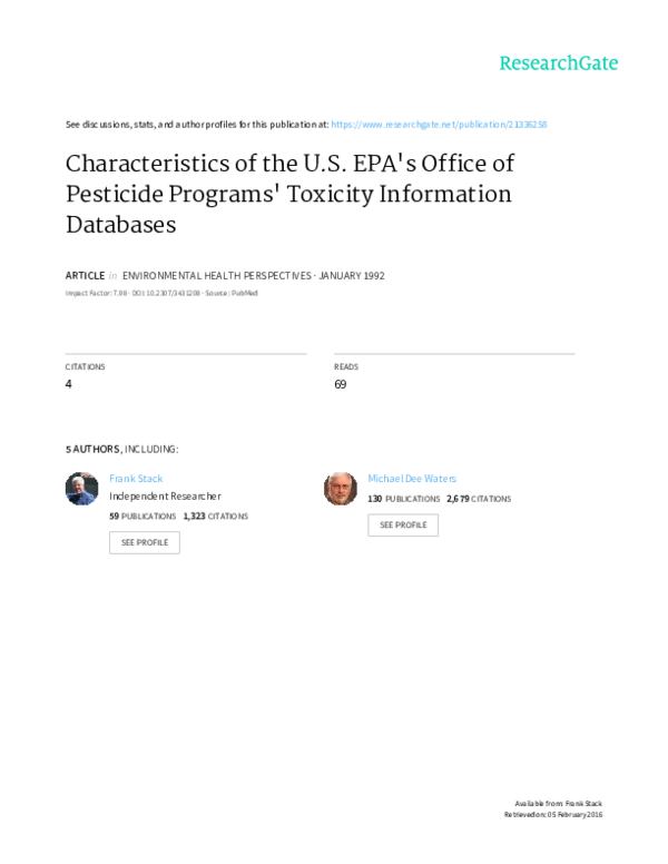 (PDF) U.S. EPA Toxicity Databases for Pesticides