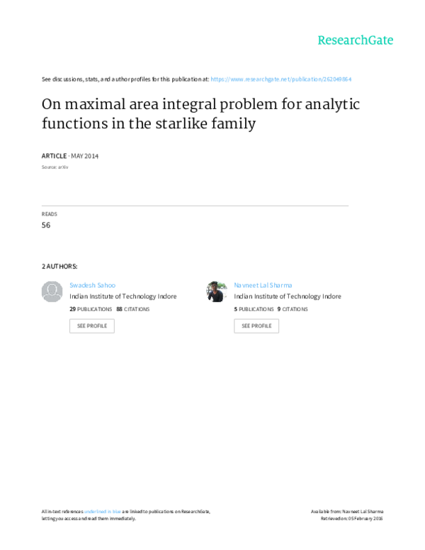 (PDF) ON MAXIMAL AREA INTEGRAL PROBLEM FOR ANALYTIC FUNCTIONS IN THE STARLIKE FAMILY-jca-06-06 ...