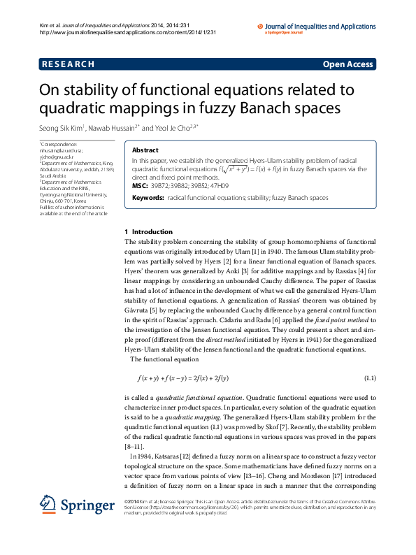 (PDF) On stability of functional equations related to quadratic mappings in fuzzy Banach spaces