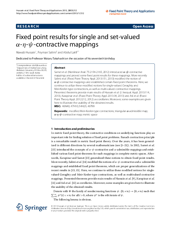 (PDF) Fixed point results for single and set-valued α-η-ψ-contractive mappings