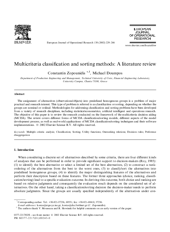 Pdf Multicriteria Classification And Sorting Methods A Literature Review