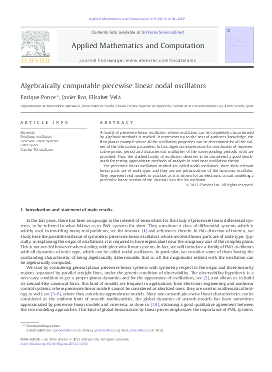 (PDF) Algebraically computable piecewise linear nodal oscillators | Enrique Ponce - Academia.edu