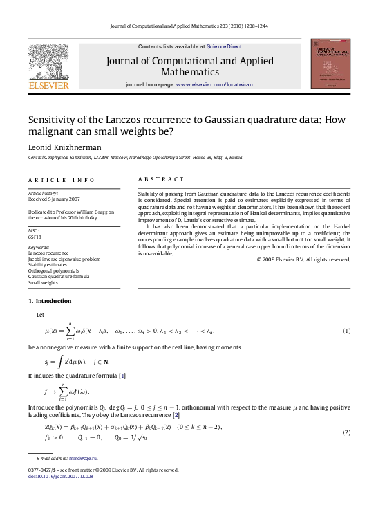(PDF) Sensitivity of the Lanczos recurrence to Gaussian quadrature data ...