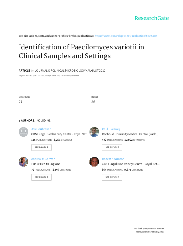 (PDF) Identification of Paecilomyces variotii in Clinical Samples and Settings