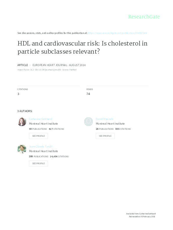 (PDF) HDL and cardiovascular risk: is cholesterol in particle subclasses relevant?