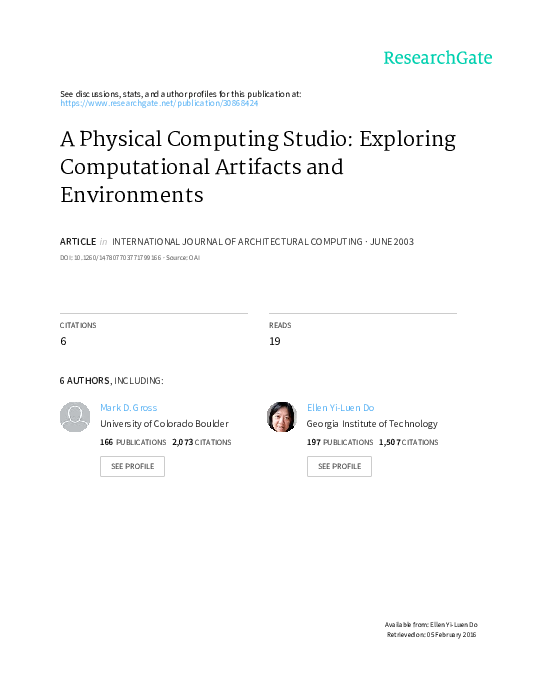 (PDF) A Physical Computing Studio: Exploring Computational Artifacts and Environments