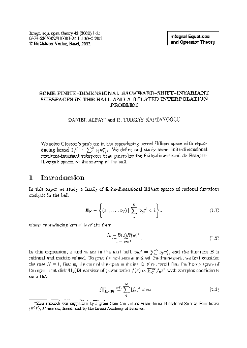 Pdf Some Finite Dimensional Backward Shift Invariant Subspaces In The