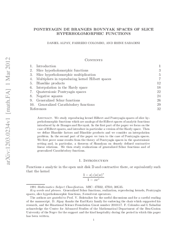 (PDF) Pontryagin-de Branges-Rovnyak spaces of slice hyperholomorphic functions