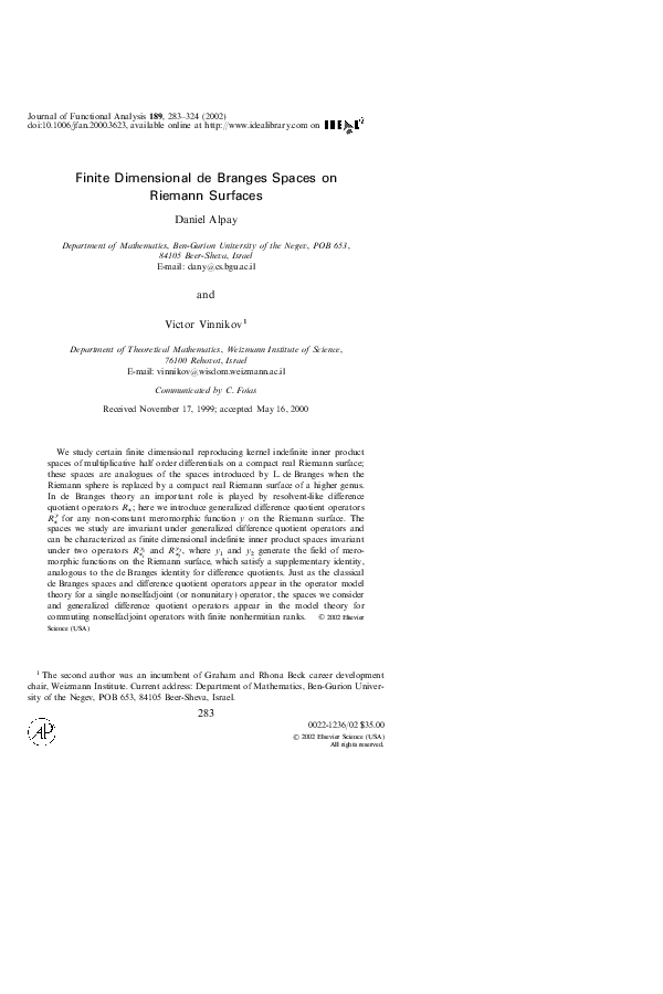 (PDF) Finite Dimensional de Branges Spaces on Riemann Surfaces