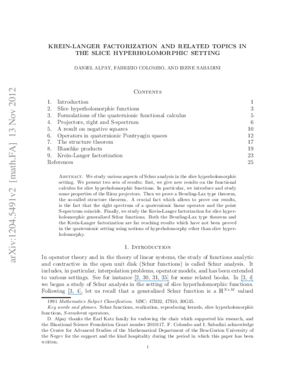 (PDF) Krein–Langer Factorization and Related Topics in the Slice Hyperholomorphic Setting