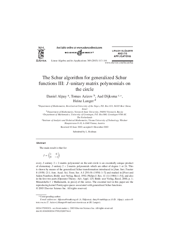 (PDF) The Schur algorithm for generalized Schur functions III: J-unitary matrix polynomials on ...