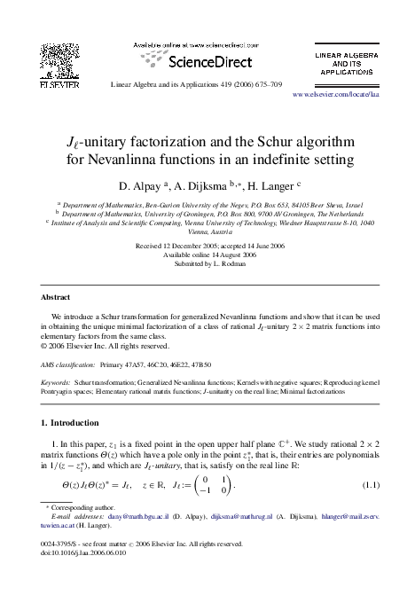 Pdf Jℓ Unitary Factorization And The Schur Algorithm For Nevanlinna Functions In An Indefinite