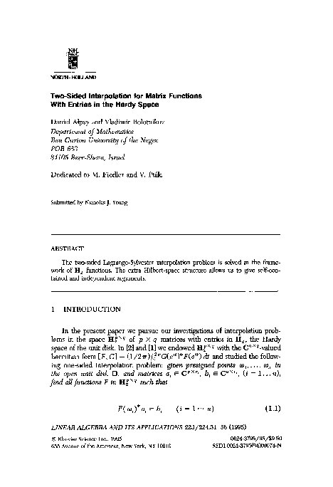 Pdf Two Sided Interpolation For Matrix Functions With Entries In The Hardy Space