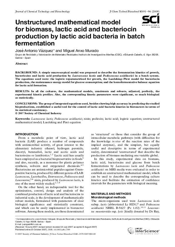 Pdf Unstructured Mathematical Model For Biomass Lactic Acid And Bacteriocin Production By
