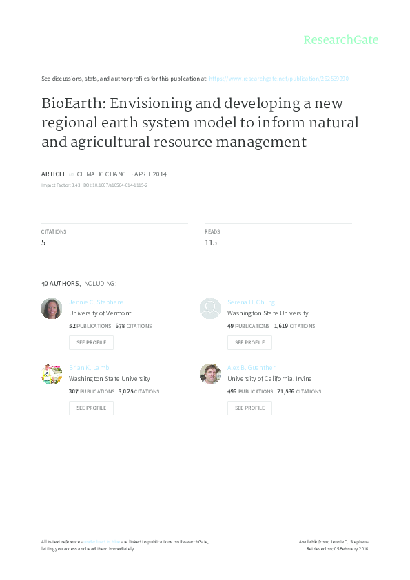 (PDF) BioEarth: Envisioning and developing a new regional earth system ...