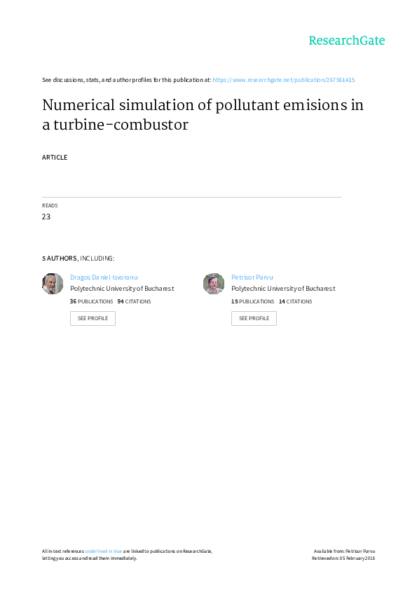 (PDF) Numerical simulation of pollutant emisions in a turbine-combustor | Dragos D Isvoranu and ...