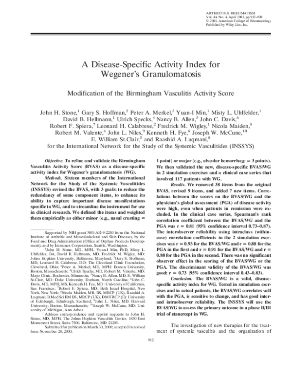 (PDF) A disease‐specific activity index for Wegener's granulomatosis ...