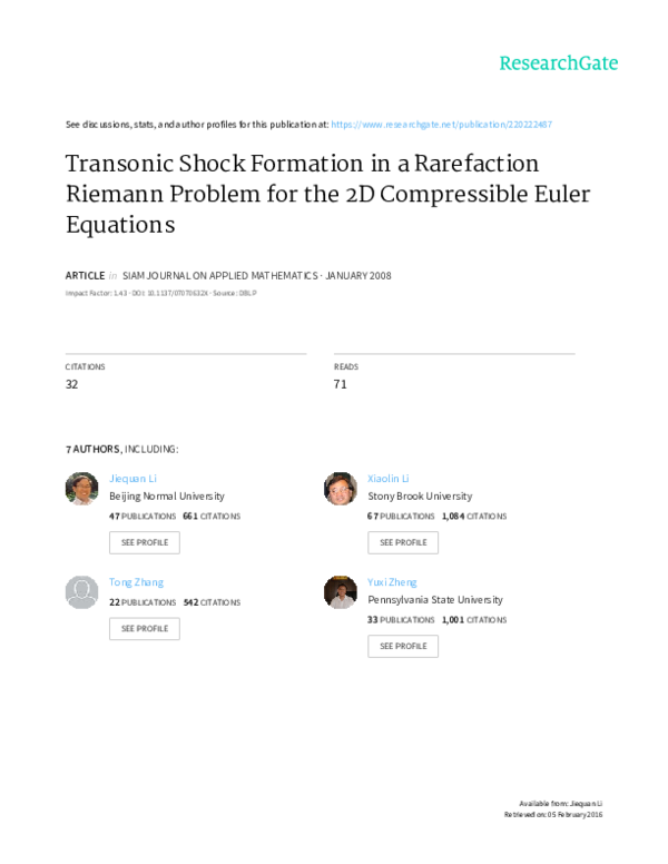 (PDF) Transonic Shock Formation in a Rarefaction Riemann Problem for ...