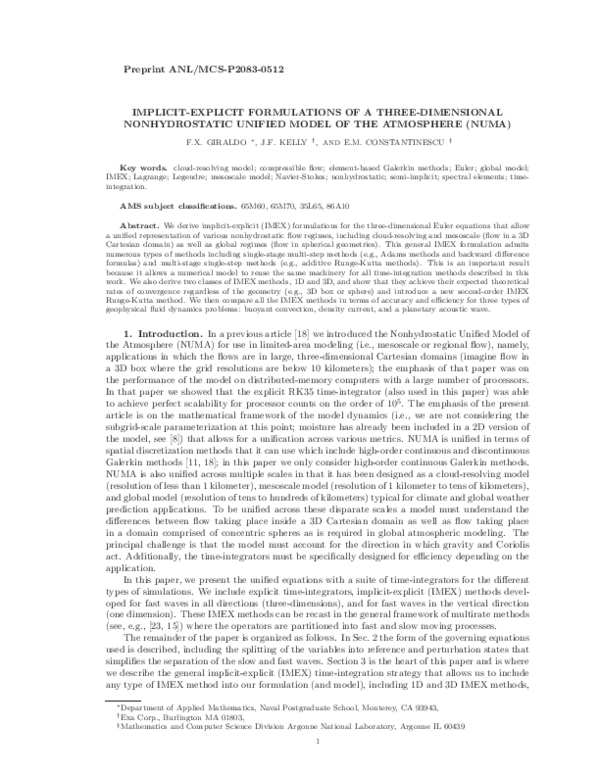 Pdf Implicit Explicit Formulations Of A Three Dimensional Nonhydrostatic Unified Model Of The