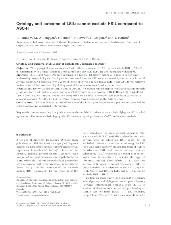 (PDF) Cytology and outcome of LSIL: cannot exclude HSIL compared to ASC-H