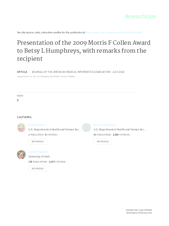 (PDF) Presentation of the 2009 Morris F Collen Award to Betsy L ...
