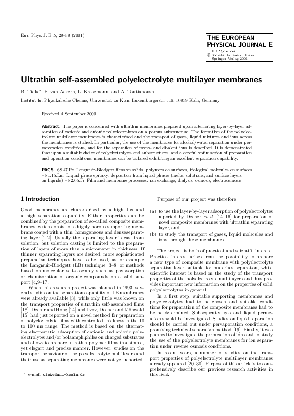 (PDF) Ultrathin self-assembled polyelectrolyte multilayer membranes