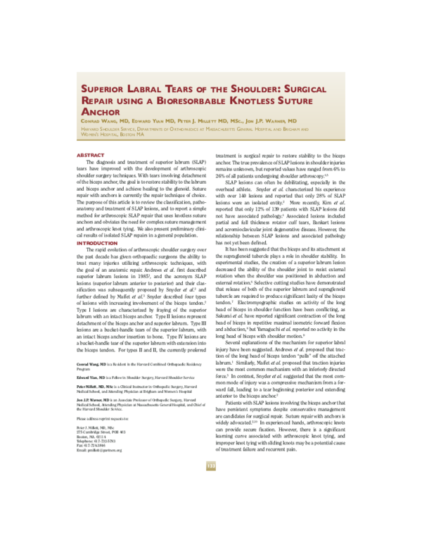 (PDF) SUPERIOR LABRAL TEARS OF THE SHOULDER: SURGICAL REPAIR USING A ...