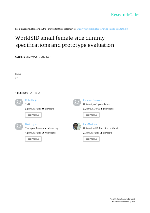(PDF) WorldSID small female side dummy specifications and prototype ...