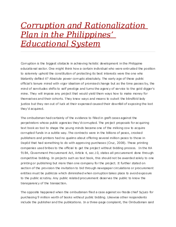 (DOC) Corruption and Rationalization Plan in the Philippines’ Educational System