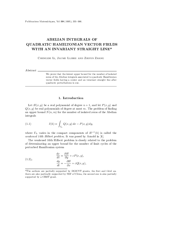 (PDF) Abelian integrals of quadratic hamiltonian vector fields with an ...