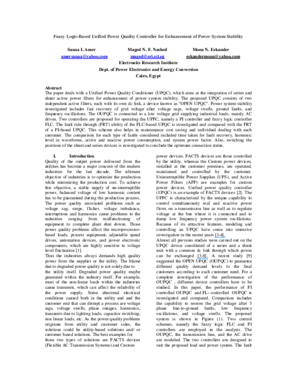 (PDF) FUZZY LOGIC-BASED UNIFIED POWER QUALITY CONTROLLER FOR ENHANCEMENT OF POWER SYSTEM STABILITY