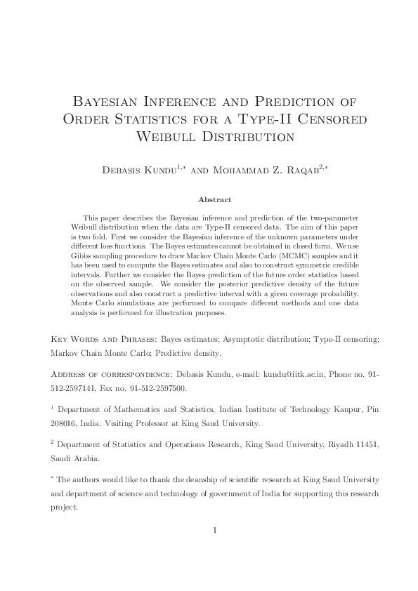 Pdf Bayesian Inference And Prediction Of Order Statistics For A Type Ii Censored Weibull