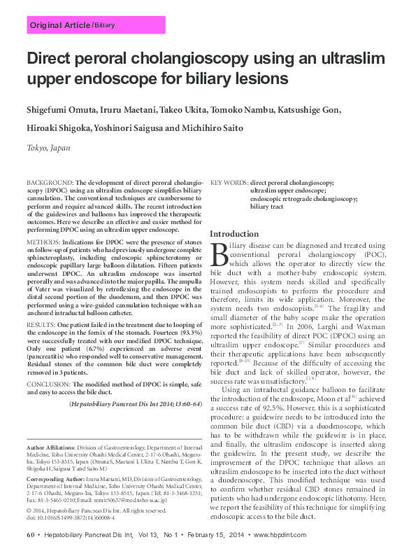(PDF) Direct peroral cholangioscopy using an ultraslim upper endoscope ...
