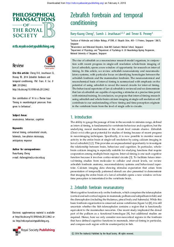 (PDF) Zebrafish forebrain and temporal conditioning