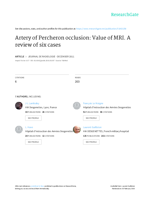 (PDF) [Artery of Percheron occlusion: Value of MRI. A review of six cases]