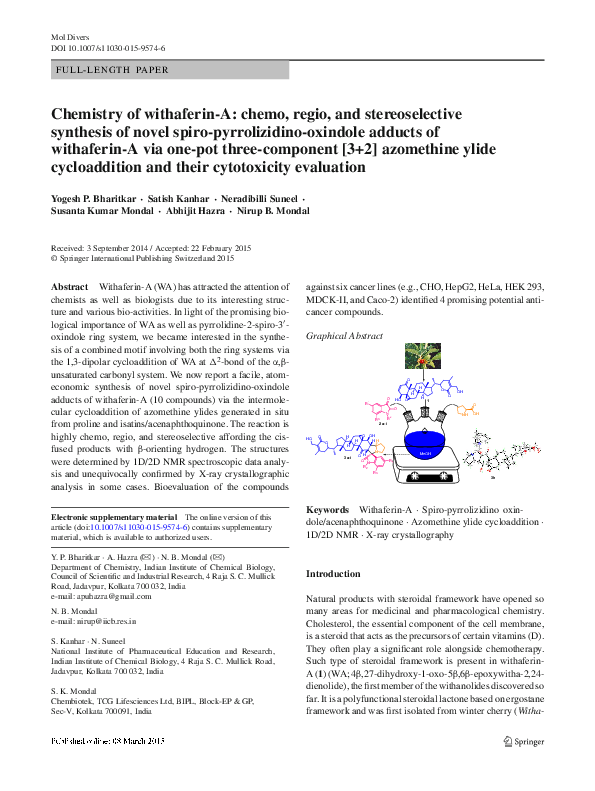 (PDF) Chemistry of withaferin-A: chemo, regio, and stereoselective synthesis of novel spiro ...