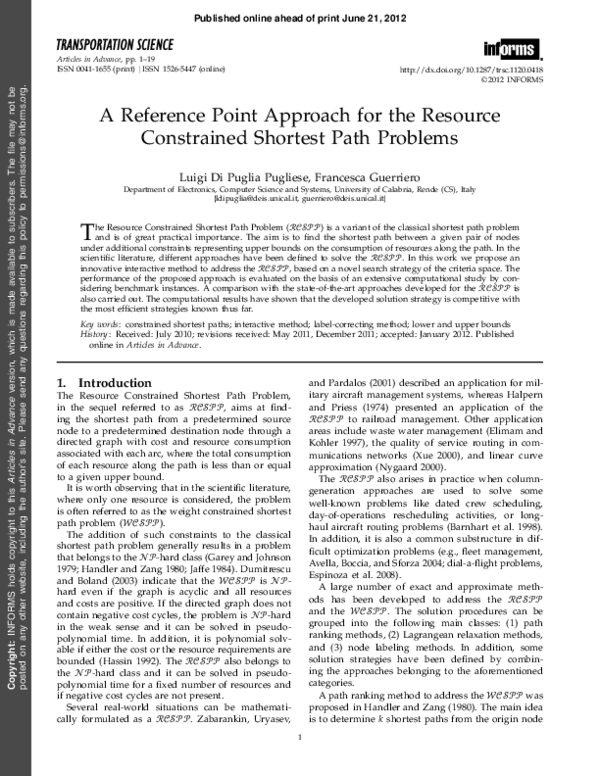 Pdf A Reference Point Approach For The Resource Constrained Shortest Path Problems 