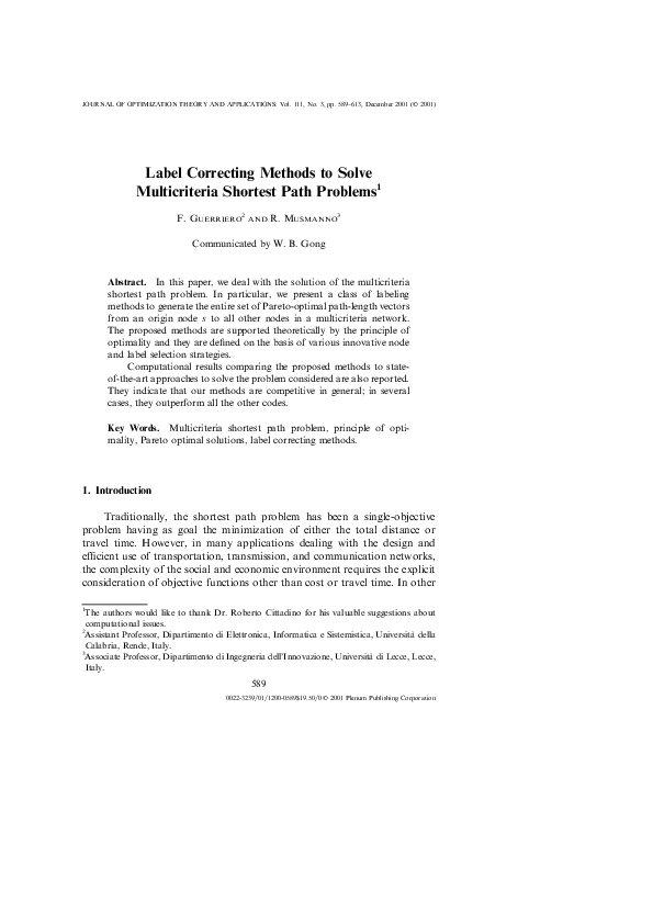 (PDF) Label correcting methods to solve multicriteria shortest path ...