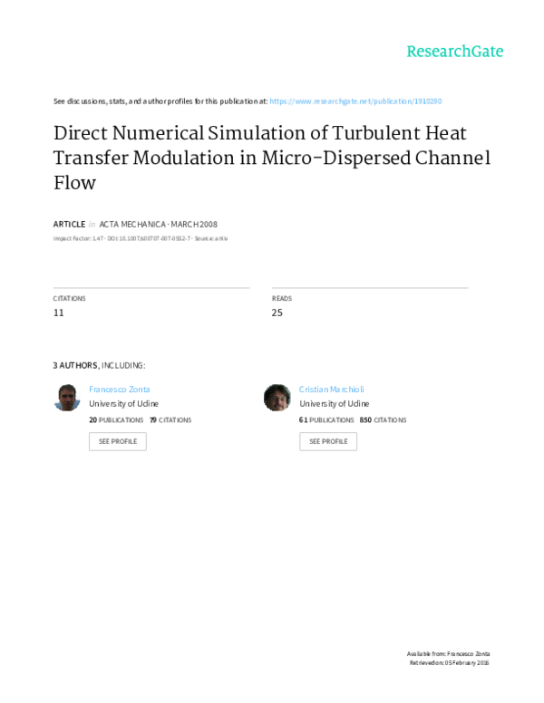 (PDF) Direct numerical simulation of turbulent heat transfer modulation in micro-dispersed ...