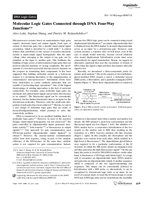 (PDF) Molecular Logic Gates Connected through DNA Four-Way Junctions