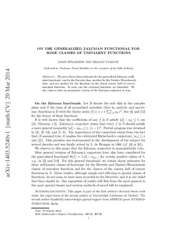 (PDF) On the generalized Zalcman functional for some classes of univalent functions