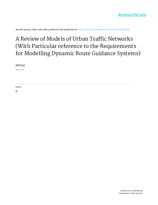 (PDF) A review of models of urban traffic networks (with particular reference to the ...