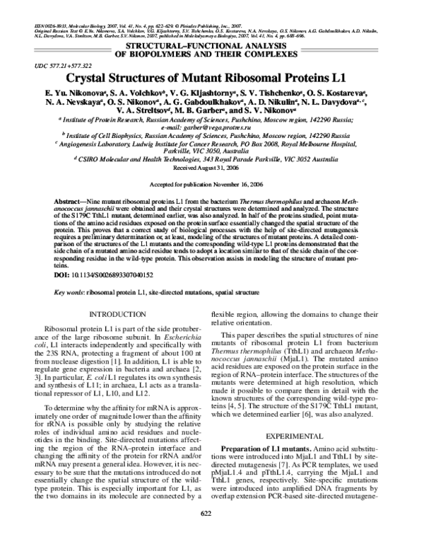 (PDF) Crystal structures of mutant ribosomal proteins L1