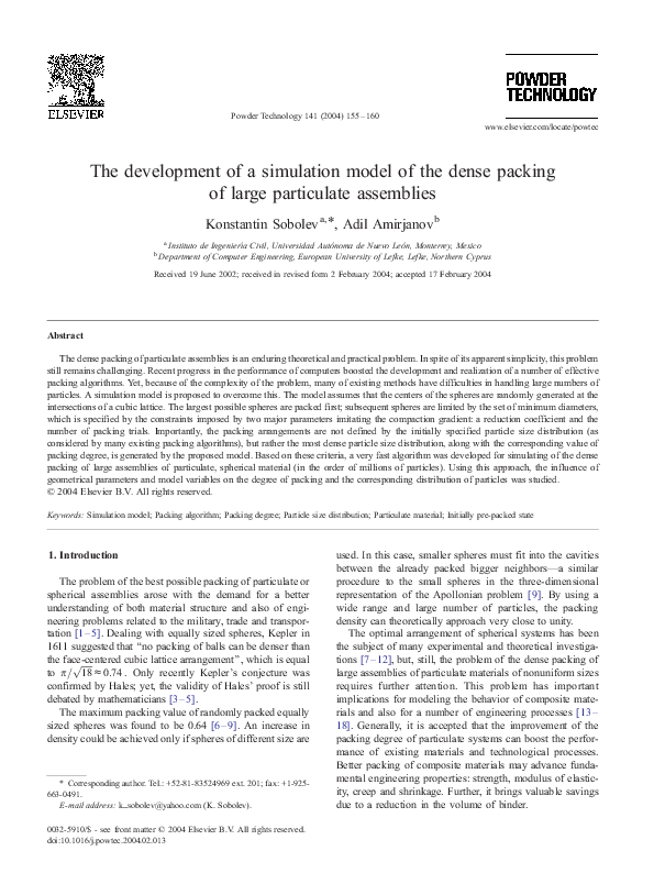 Pdf The Development Of A Simulation Model Of The Dense Packing Of Large Particulate Assemblies