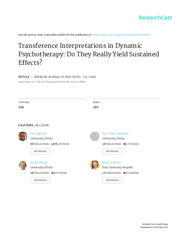 (PDF) Transference Interpretations in Dynamic Psychotherapy: Do They ...