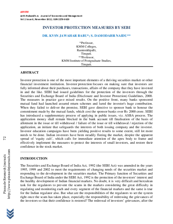 (PDF) INVESTOR PROTECTION MEASURES BY SEBI (PDF) INVESTOR PROTECTION MEASURES BY SEBI