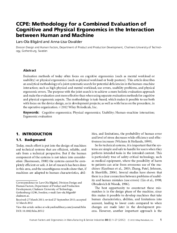 (PDF) CCPE: Methodology for a combined evaluation of cognitive and physical ergonomics in the ...