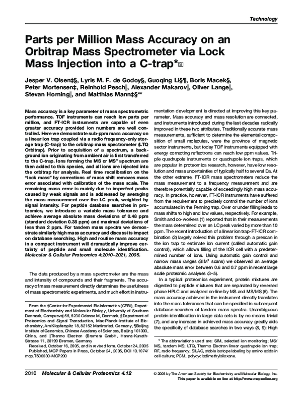 (PDF) Parts per Million Mass Accuracy on an Orbitrap Mass Spectrometer ...