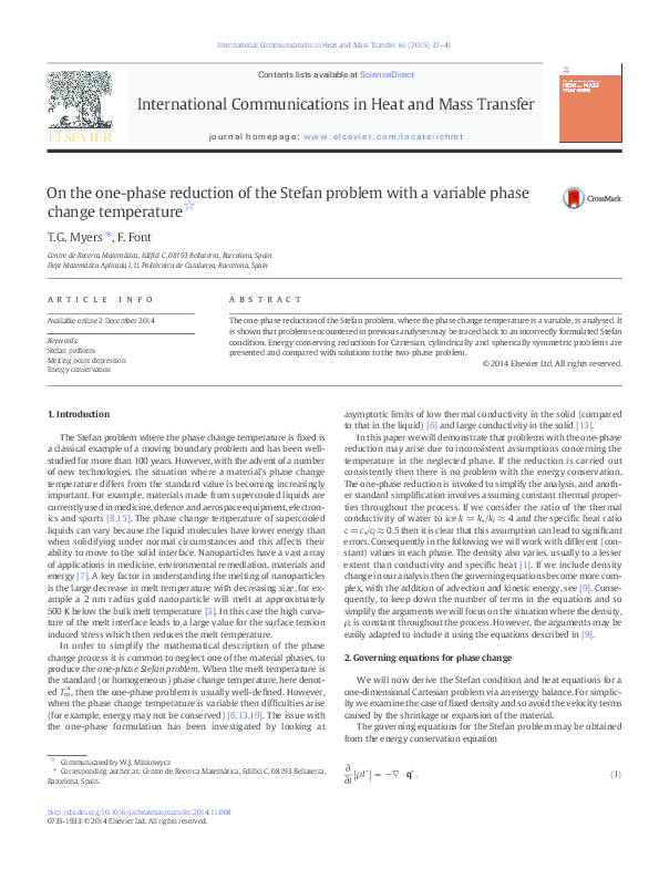 (PDF) On the one-phase reduction of the Stefan problem with a variable phase change temperature